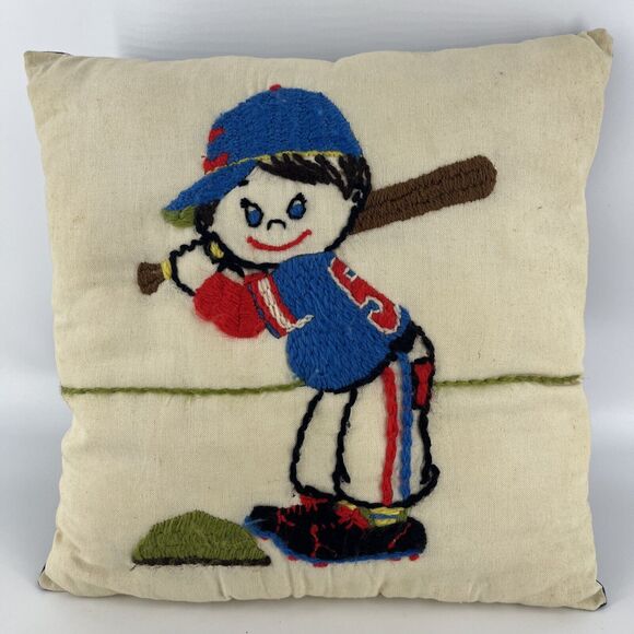 Other | Vintage Little Boy With Baseball Bat Pillow Crewel Embroidery ...